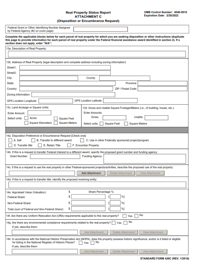 SF 429C Form – Real Property Status Report – Attachment C – Disposition ...