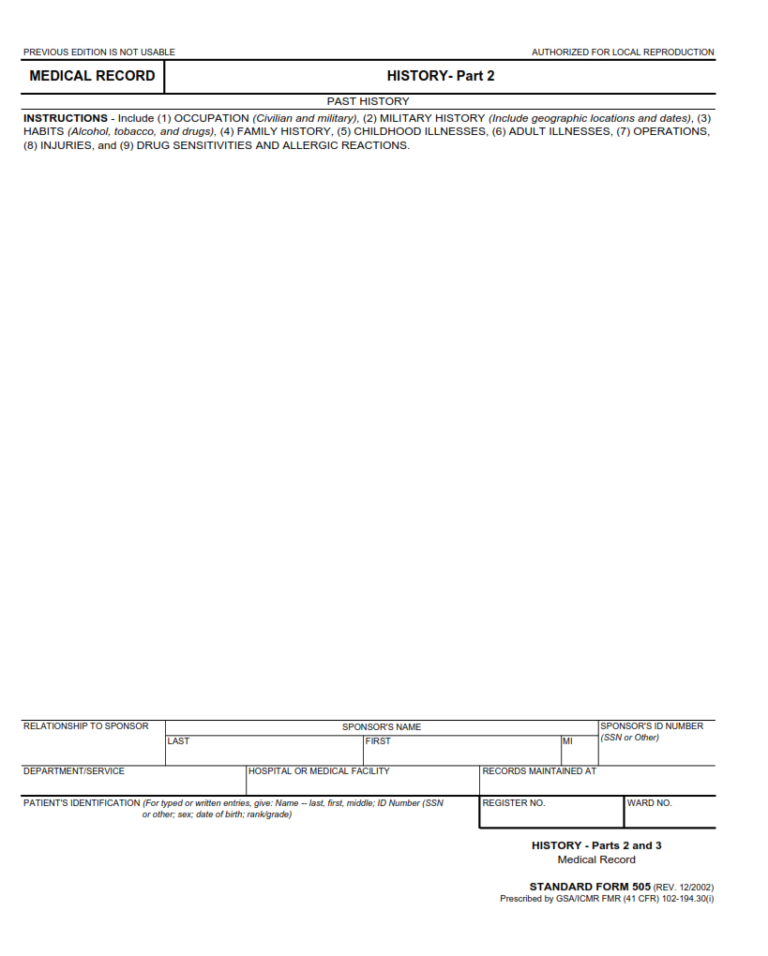 SF 505 Form – Medical Record – History – Parts 2 and 3 | SF Forms
