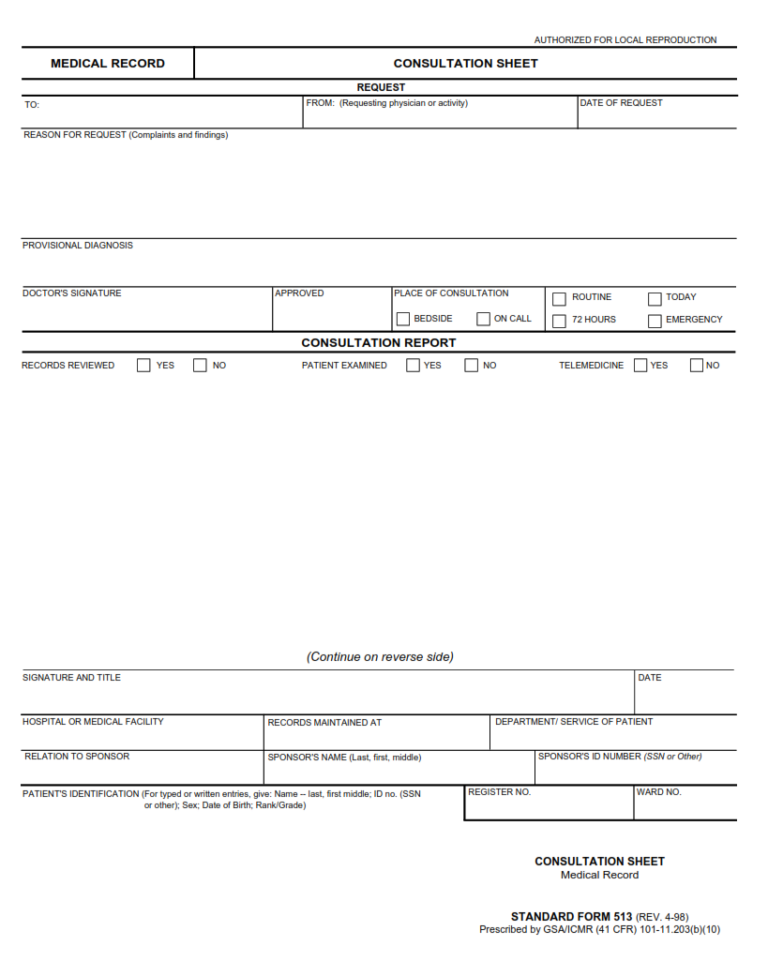 SF 513 Form – Medical Record – Consultation Sheet | SF Forms