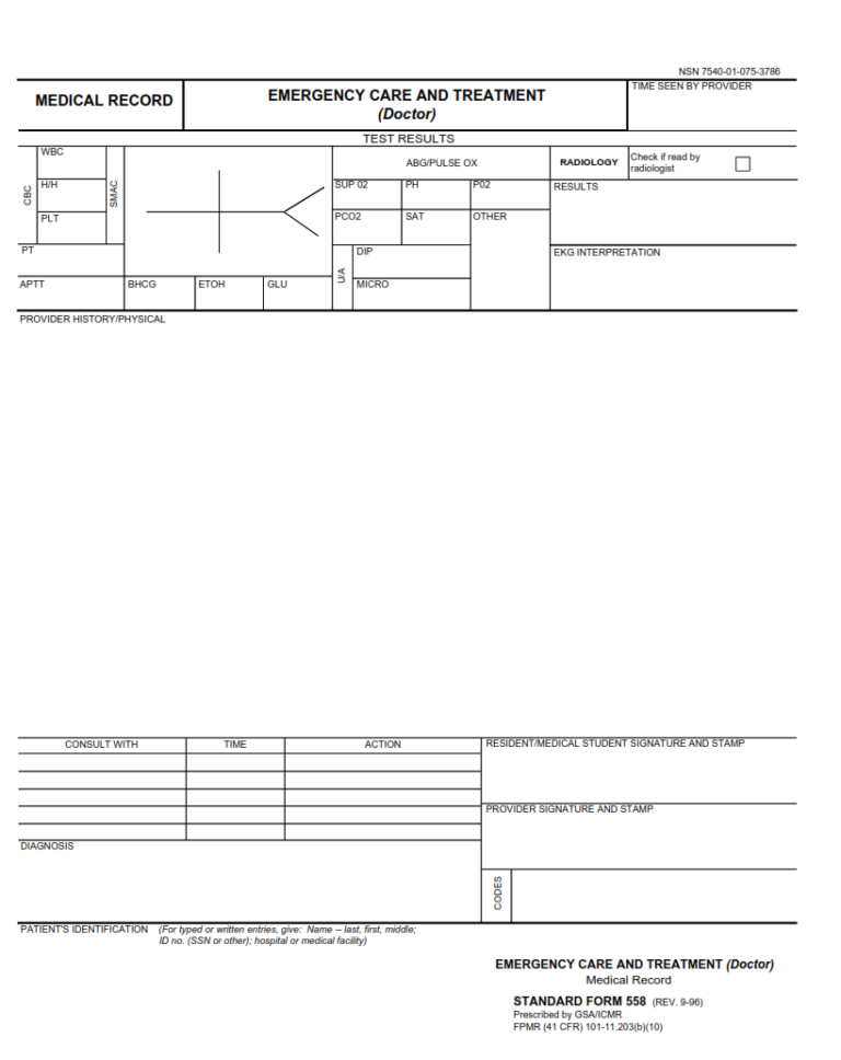 SF 558 Form – Medical Record – Emergency Care and Treatment | SF Forms