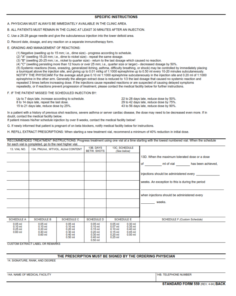SF 559 Form – Medical Record – Allergen Extract Prescription – New and ...