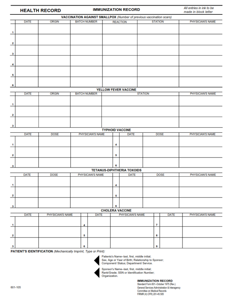 SF 601 Form – Immunization Record | SF Forms