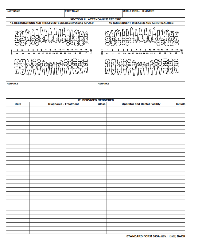 SF 603A Form – Medical Record – Dental – Continuation | SF Forms