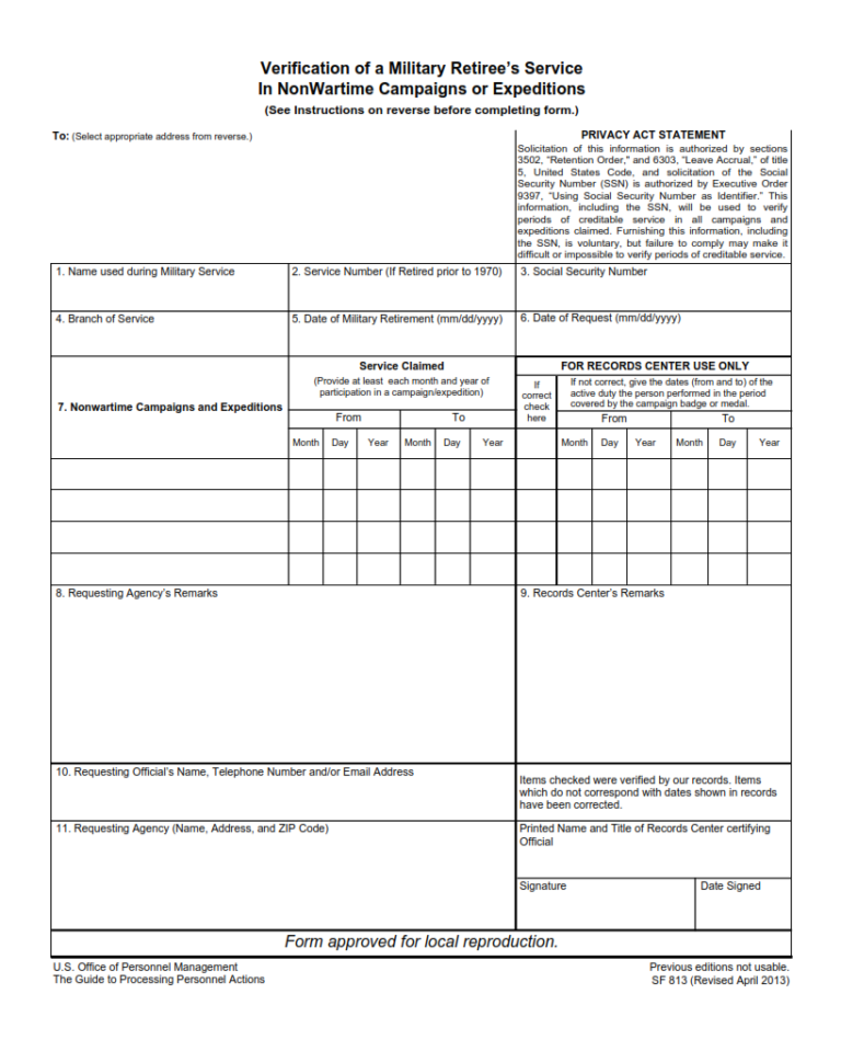 SF 813 Form – Verification of a Military Retiree’s Service in Non ...