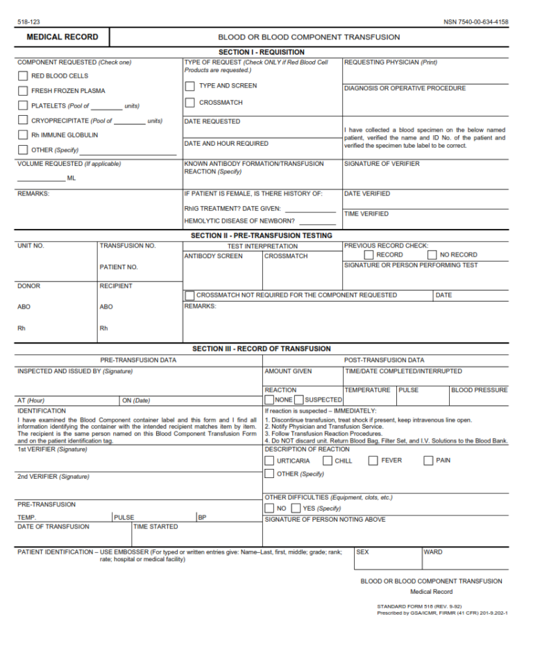 SF518 Form – Blood or Blood Component Transfusion | SF Forms