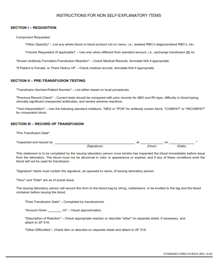 SF518 Form – Blood or Blood Component Transfusion | SF Forms