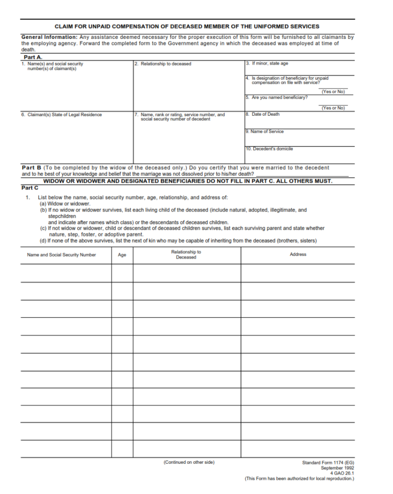 SF 1174 Form – Claim for Unpaid Compensation of Deceased Member of the ...