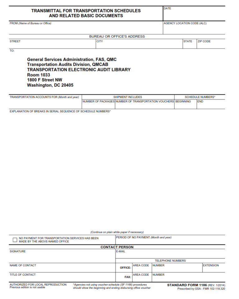 SF 1186 Form – Transmittal for Transportation Schedules and Related ...