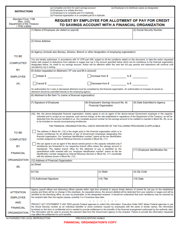 SF 1198 Form – Request by Employee for Allotment of Pay for Credit to ...