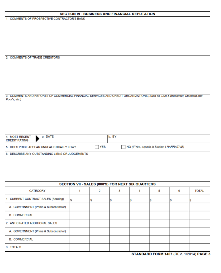 SF 1407 Form – Pre-Award Survey of Prospective Contractor (Financial ...