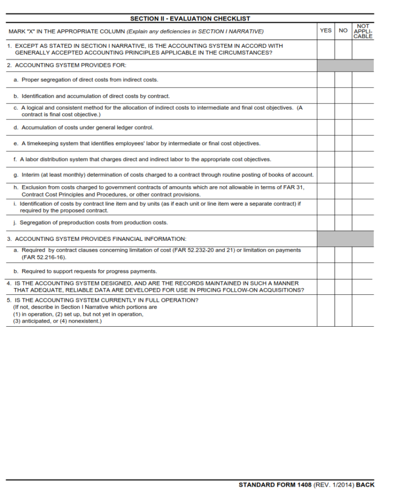 SF 1408 Form – Pre-Award Survey of Prospective Contractor (Accounting ...